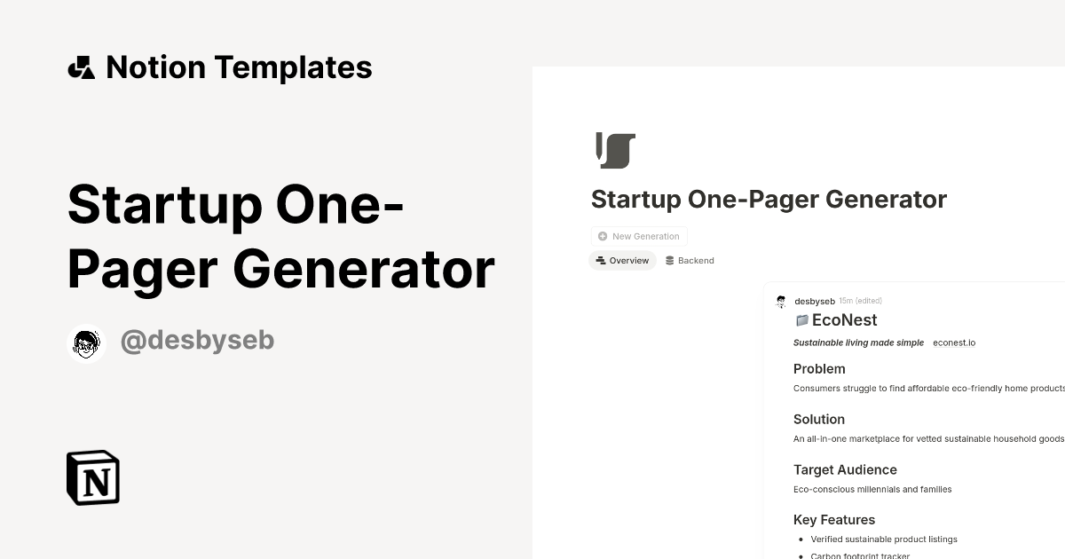 Startup One-Pager Generator Template | Notion Marketplace