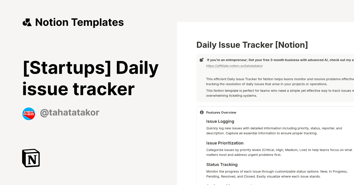 [Startups] Daily issue tracker Template | Notion Marketplace