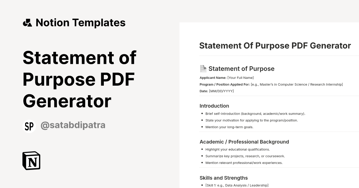 Statement of Purpose PDF Generator Template by Satabdi Patra | Notion ...