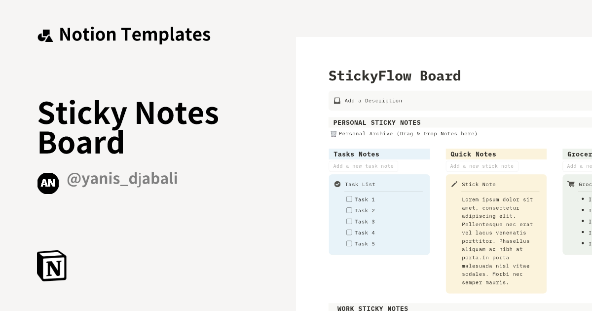 Sticky Notes Board Template by Yanis Djabali | Notion Marketplace