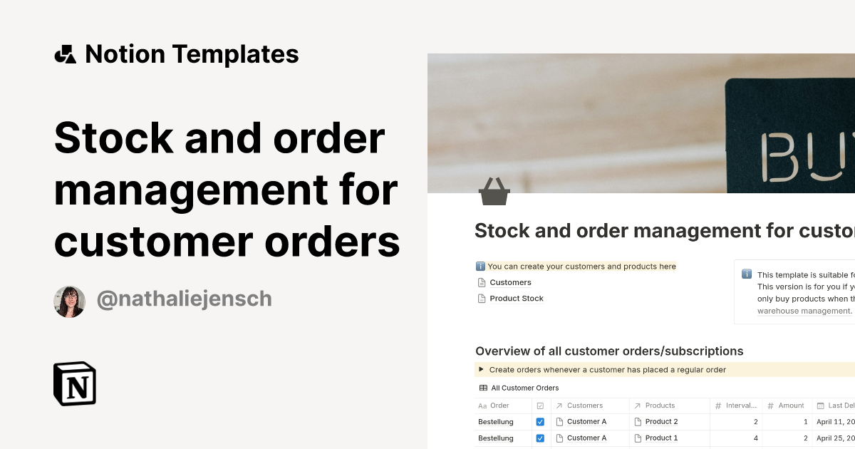 Stock and order management for customer orders Template by Nathalie Jensch | Notion Marketplace