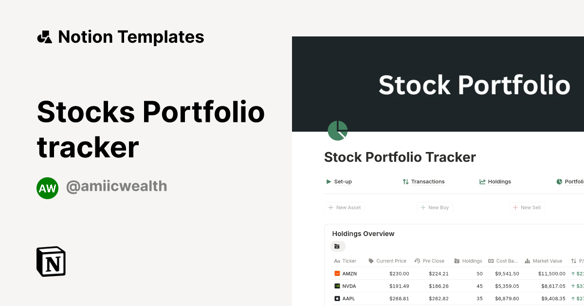 Stocks Portfolio tracker Template by AMIIC Wealth | Notion Marketplace