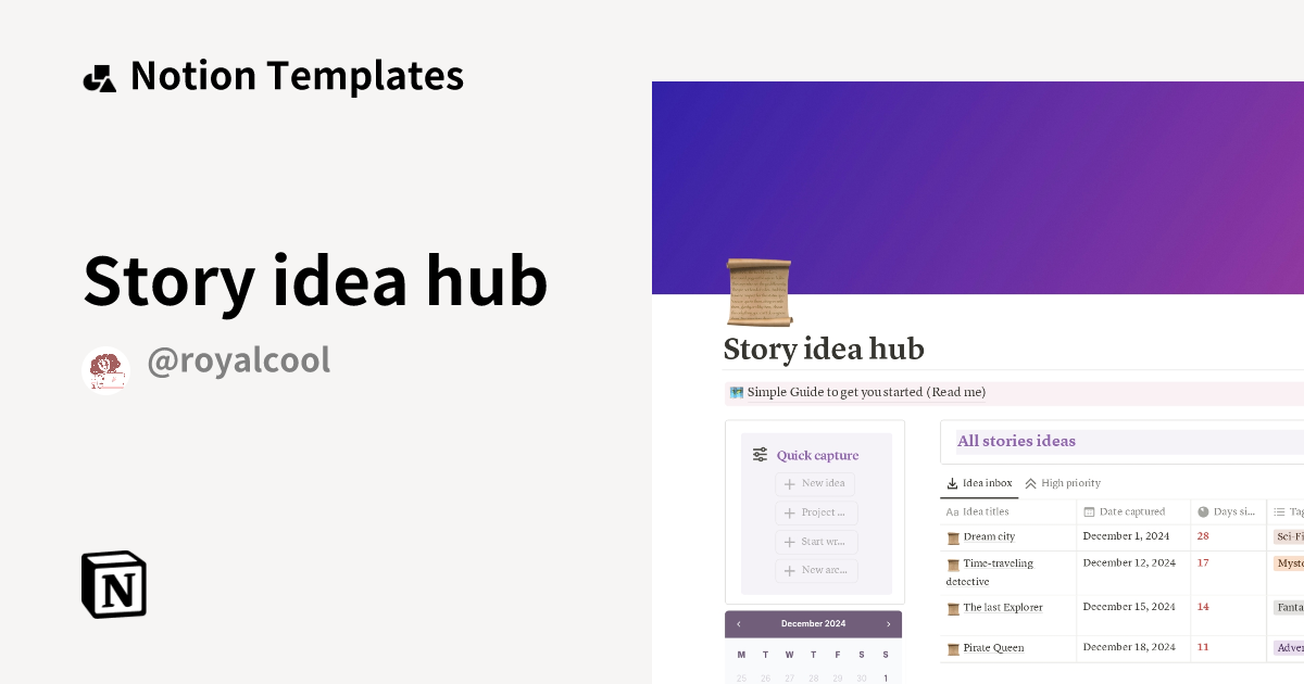Story idea hub Template by Royalcool | Notion Marketplace