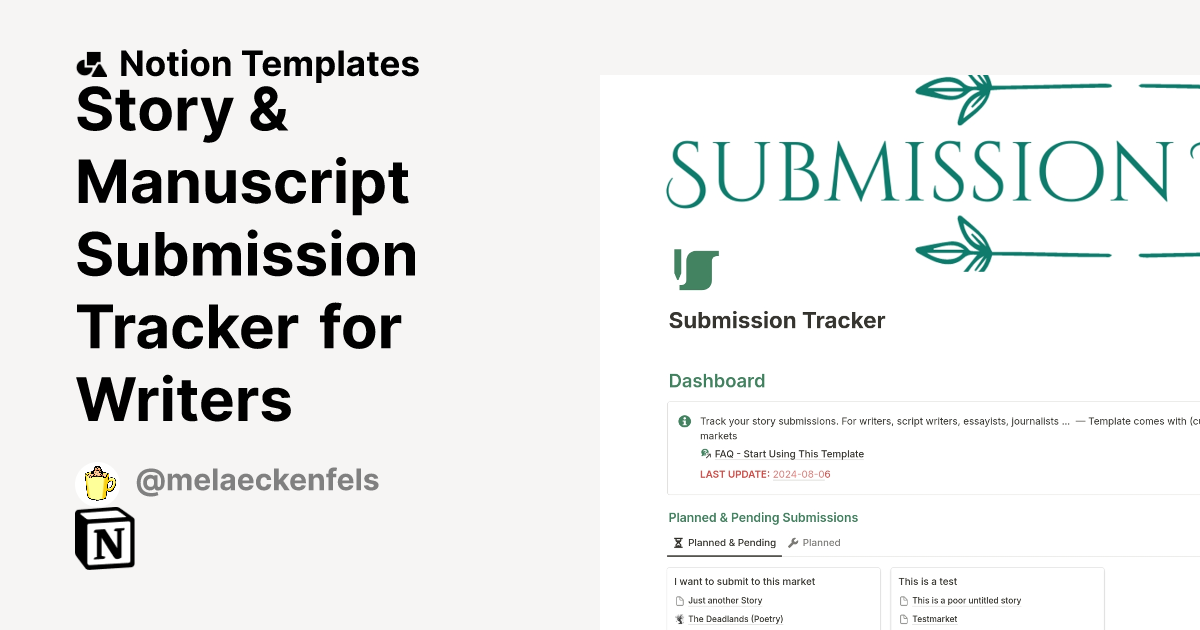 Story & Manuscript Submission Tracker for Writers Template | Notion ...