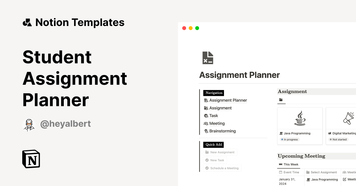 Student Assignment Planner Template by HeyAlbert | Notion Marketplace