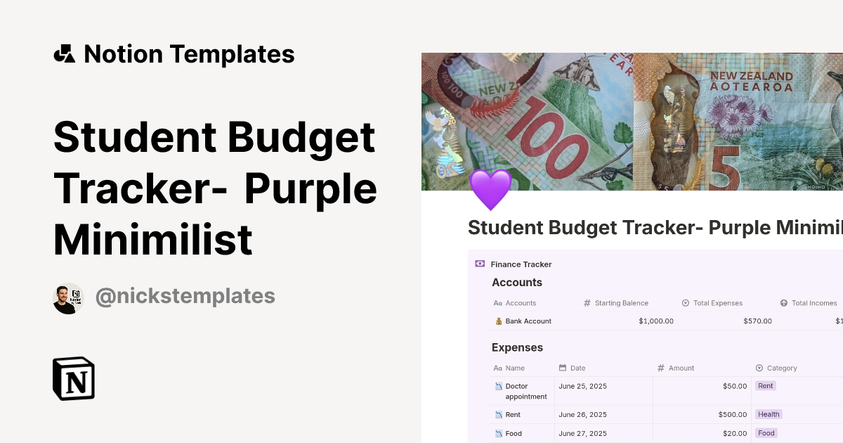 Student Budget Tracker- Purple Minimilist Template by Nick | Notion ...