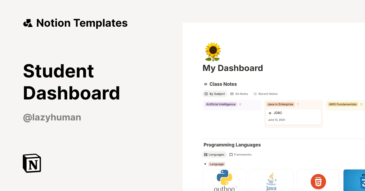 Student Dashboard Template by Lazy Human | Notion Marketplace