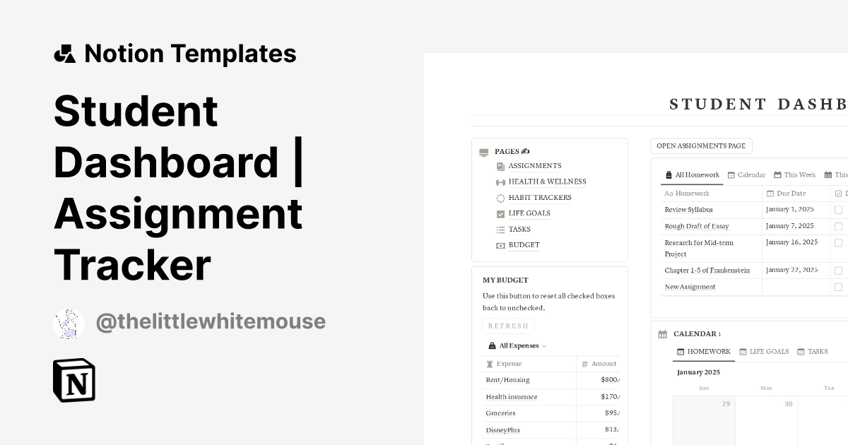 Student Dashboard | Assignment Tracker Template | Notion Marketplace