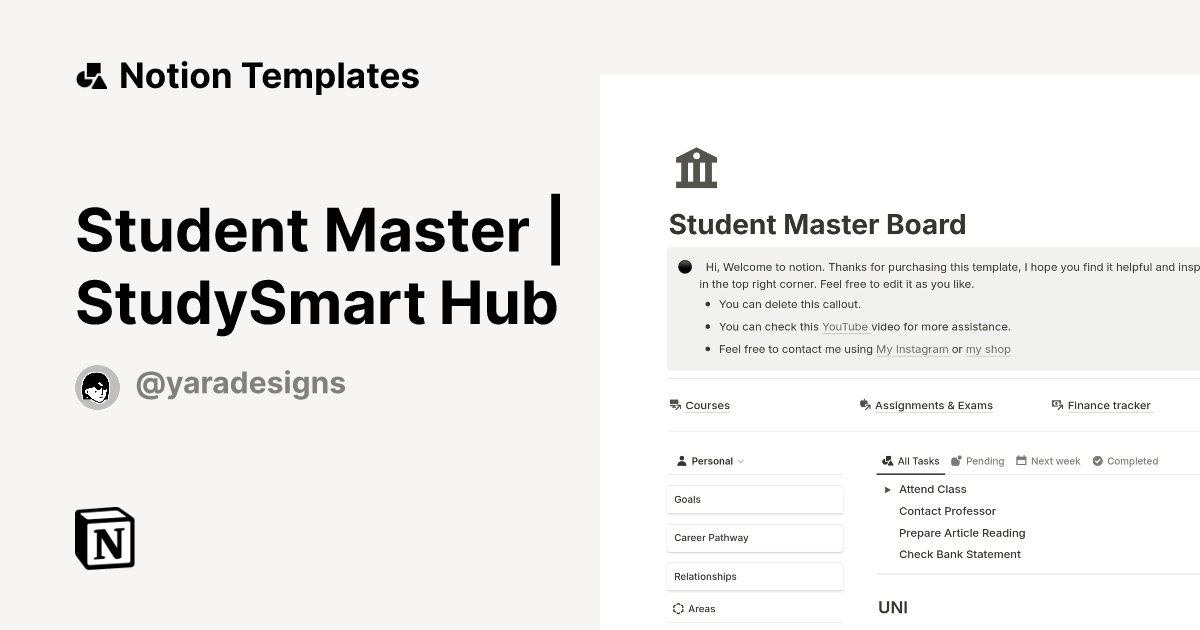 Student Master | StudySmart Hub Template by YaraDesigns | Notion Marketplace