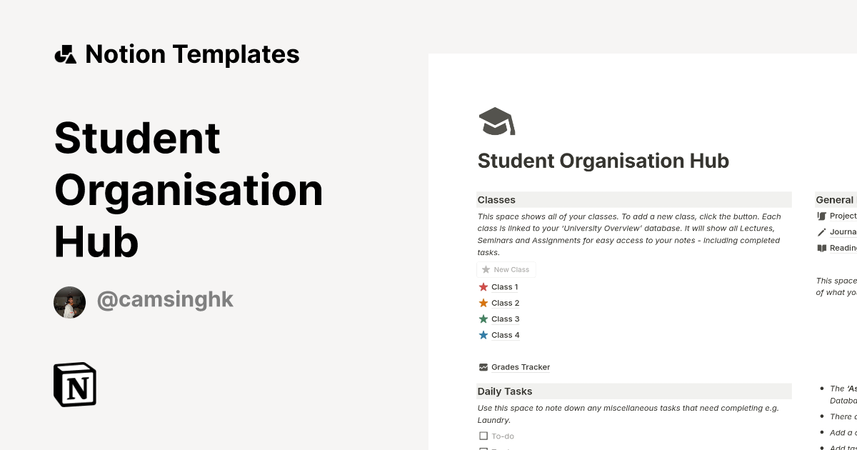 Student Organisation Hub Template by Cameron Singh | Notion Marketplace