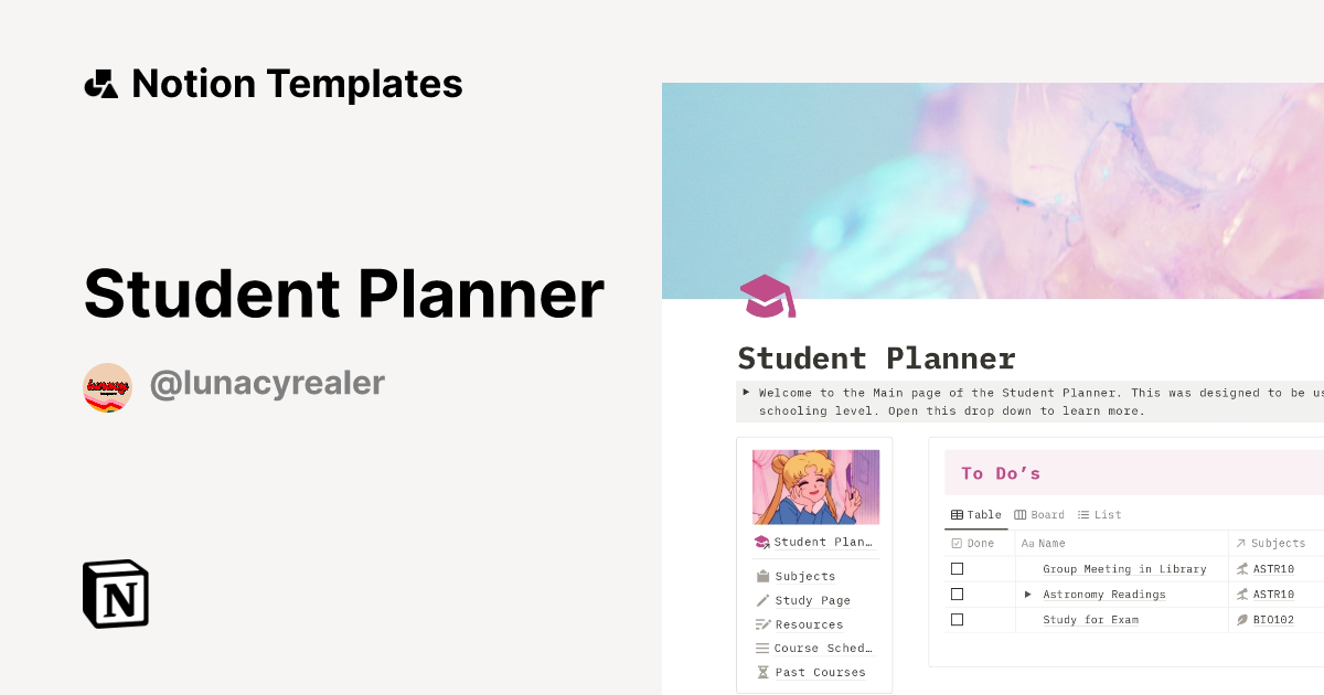 Student Planner Template by Lunacy Templates | Notion Marketplace