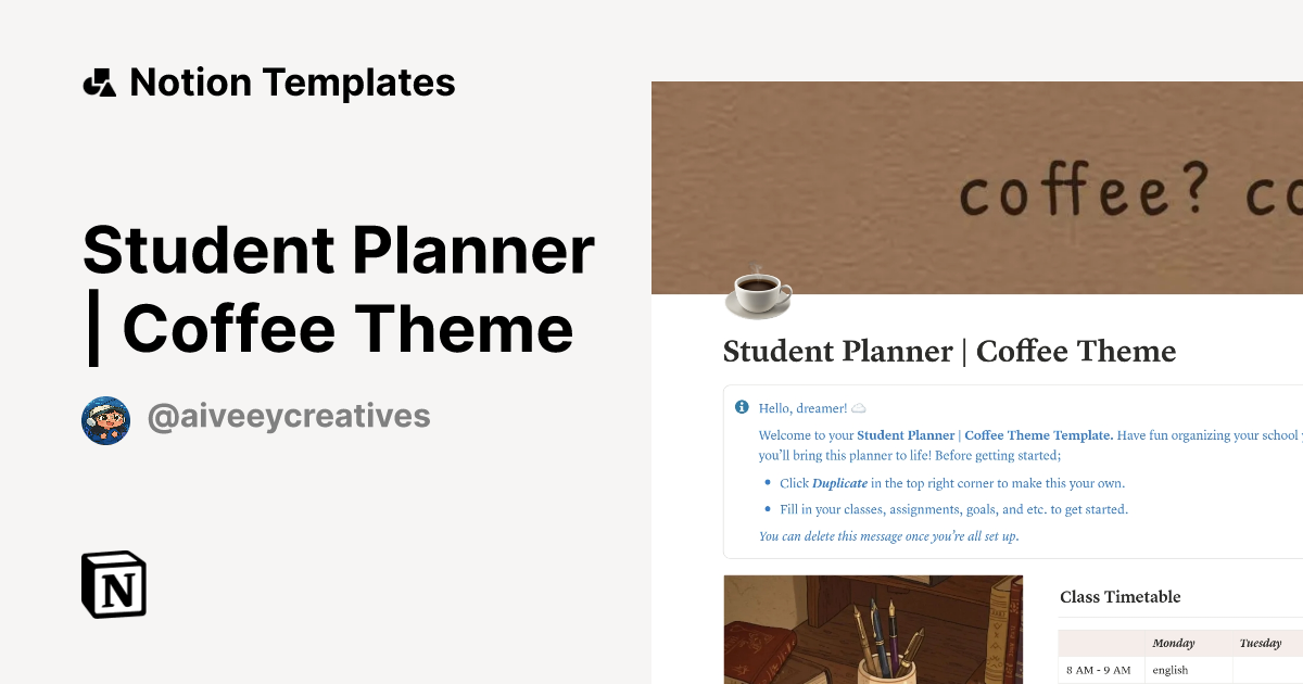 Student Planner | Coffee Theme Template by Aiveey Creatives | Notion ...
