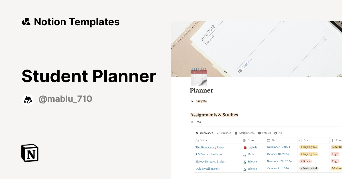 Student Planner Template by mablu templates | Notion Marketplace