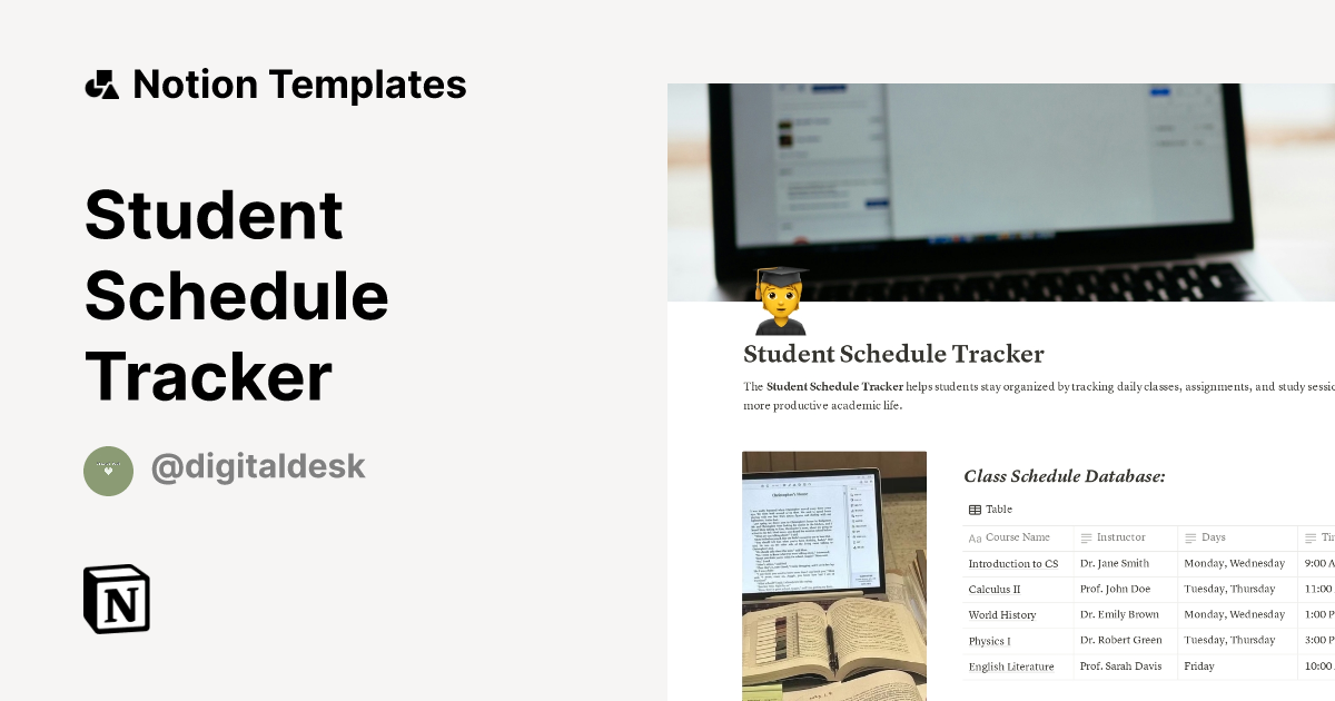 Student Schedule Tracker Template by Digital Desk | Notion Marketplace