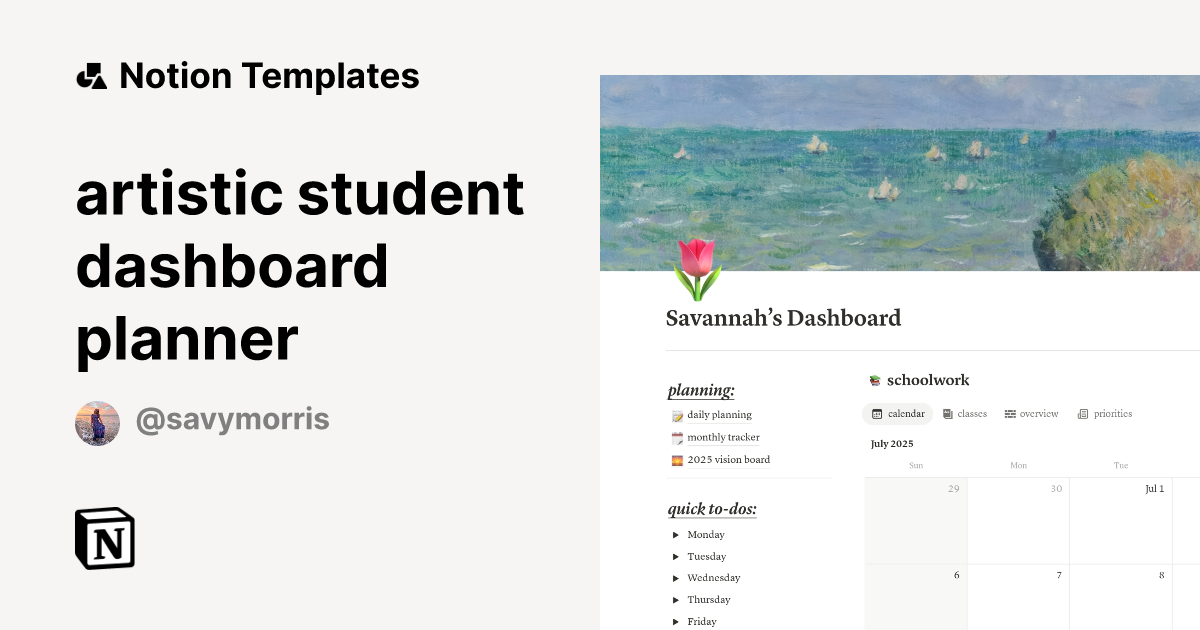 artistic student dashboard planner Template | Notion Marketplace