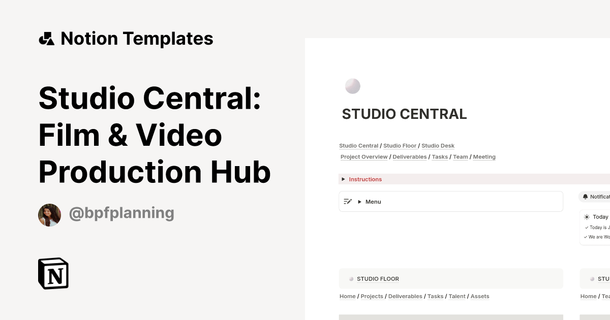 Studio Central: Film & Video Production Hub Template by BPF Planning | Notion Marketplace