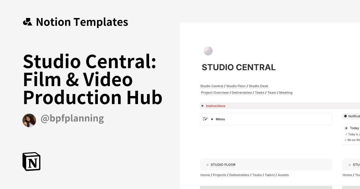 Studio Central Film Video Production Hub Template By BPF Planning