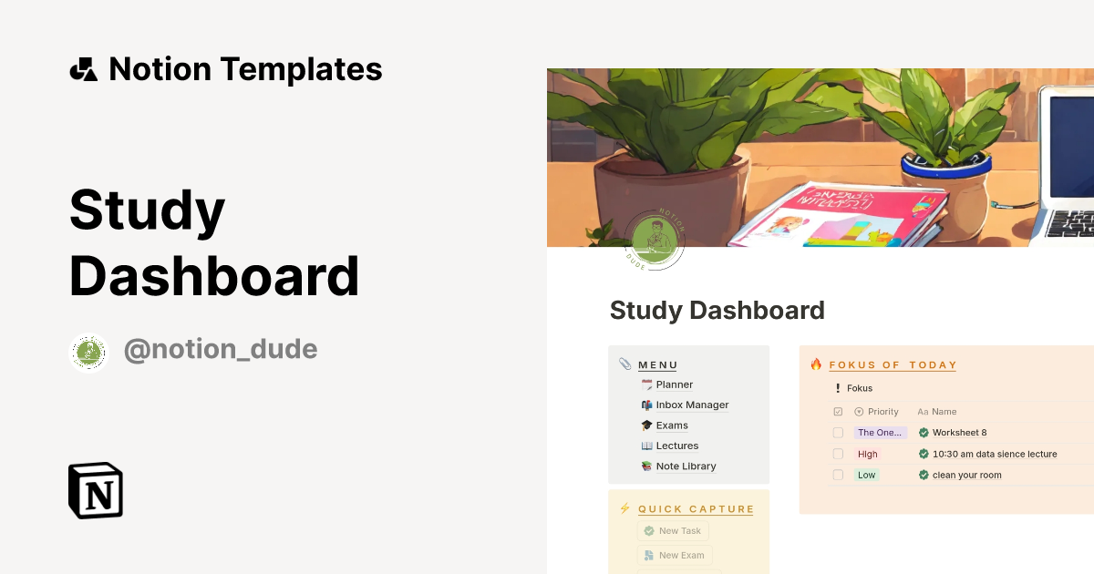 Study Dashboard Template by Notion Dude | Notion Marketplace