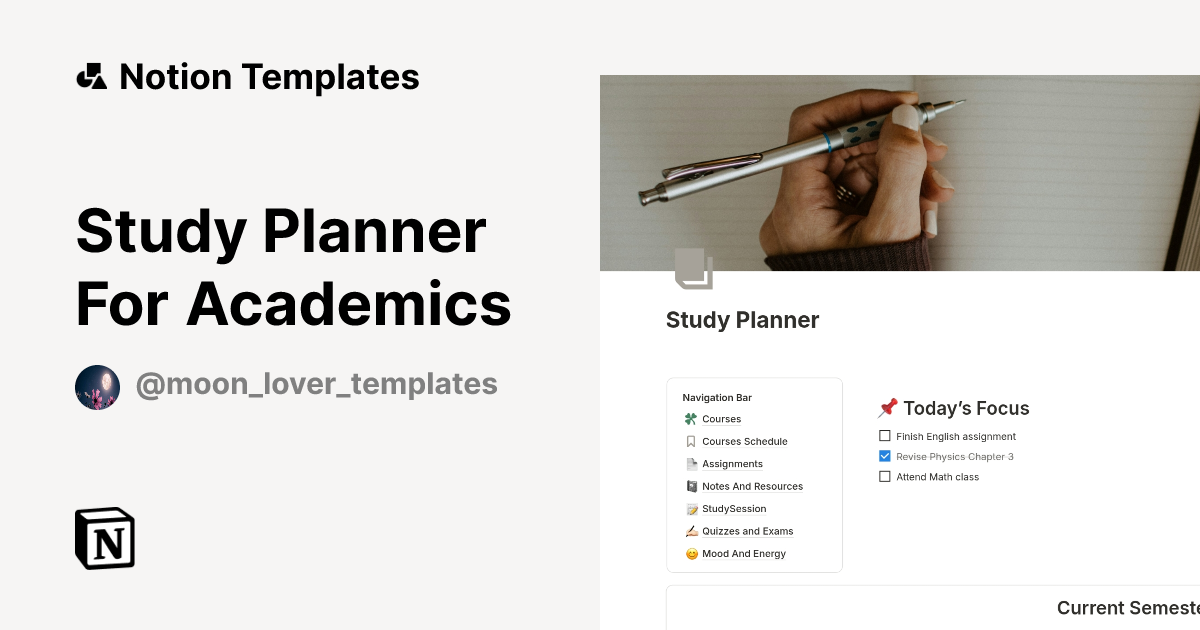 Study Planner For Academics Template by Moon_Lover_Templates | Notion ...
