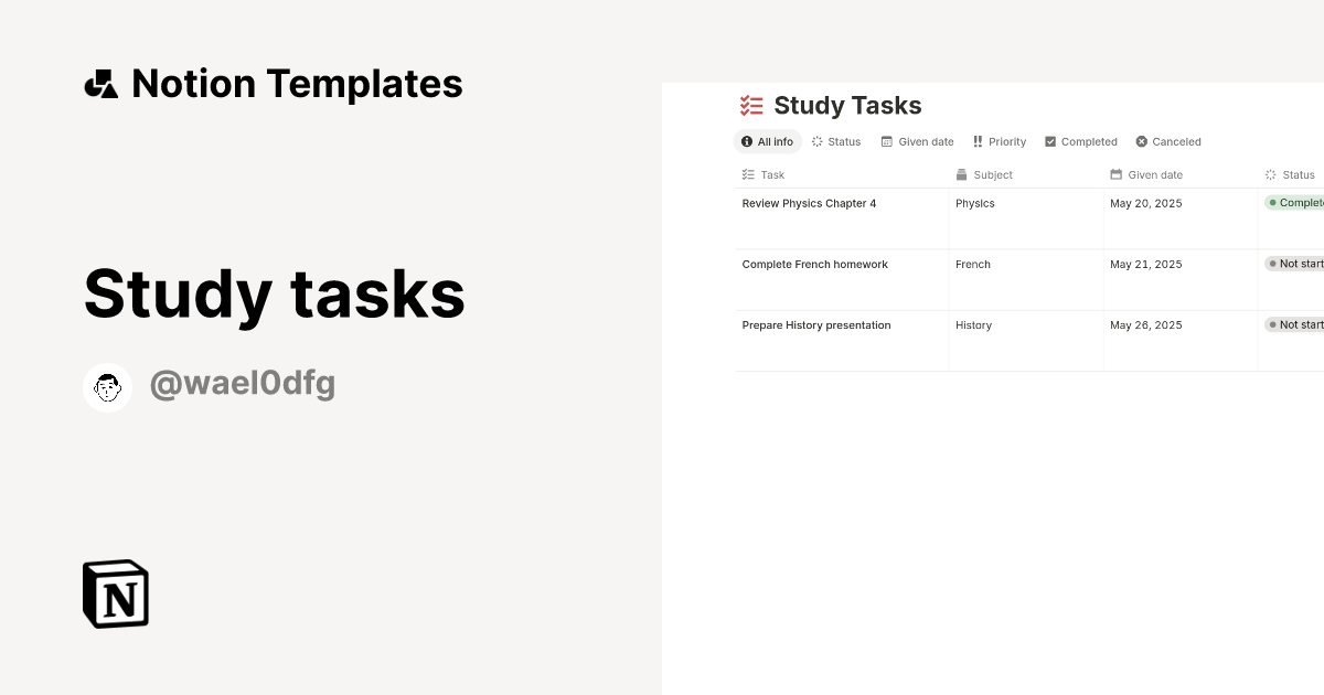 Study tasks Template by Wael0dfg | Notion Marketplace