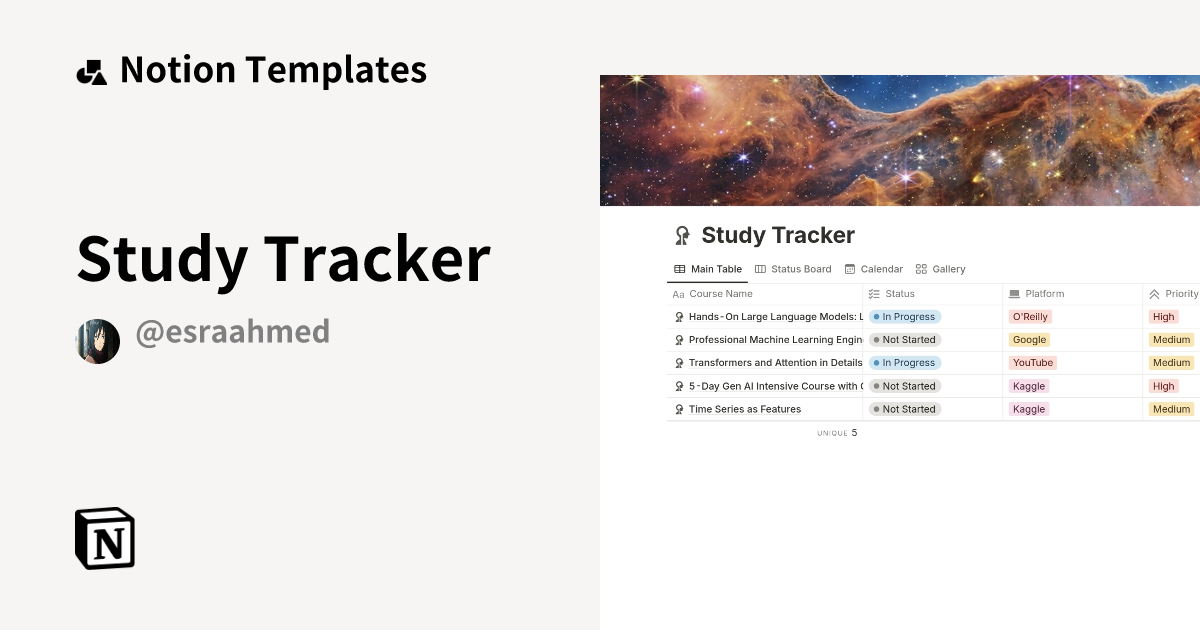 Study Tracker Template by Essraa Ahmed | Notion Marketplace