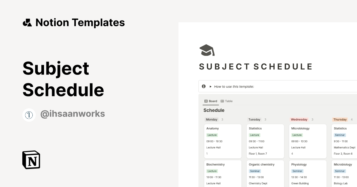 Subject Schedule Template by Ihsaanworks | Notion Marketplace