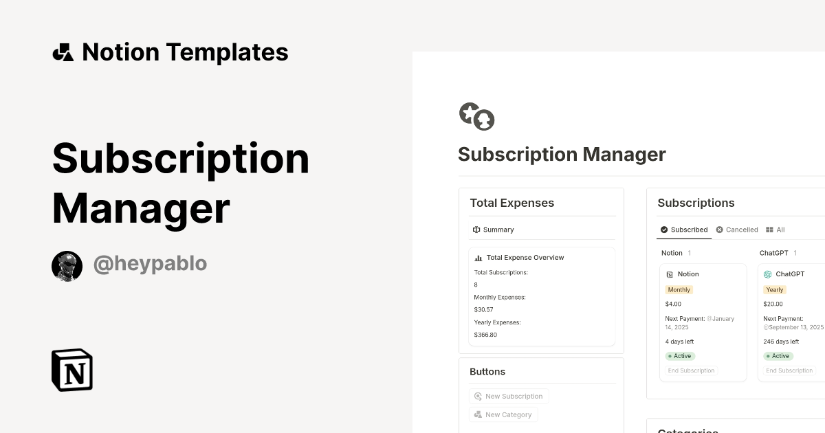 Subscription Manager Template | Notion Marketplace