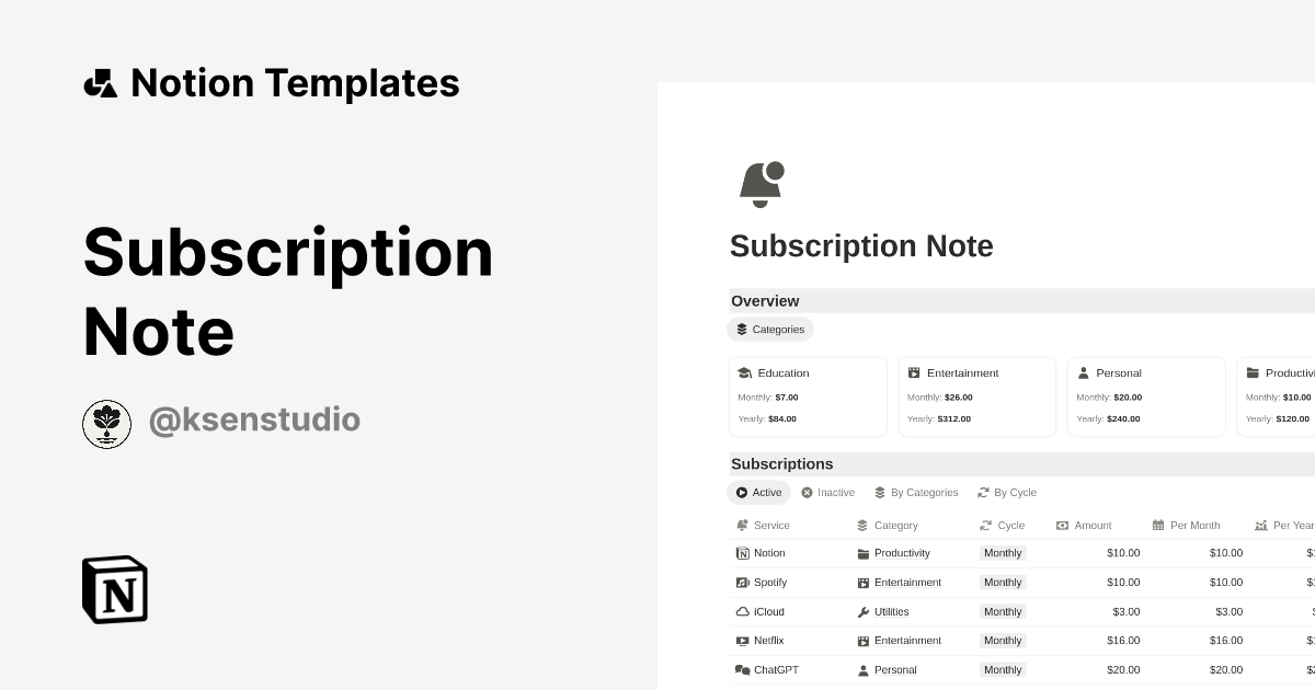 Subscription Note Template | Notion Marketplace