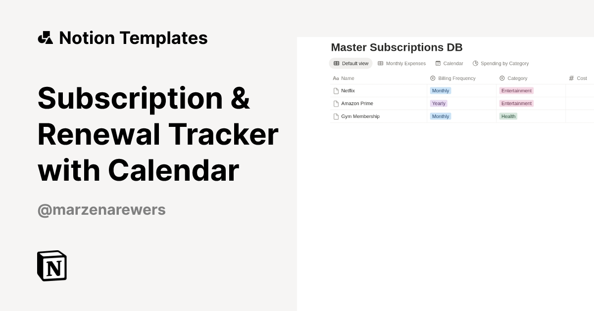 Subscription & Renewal Tracker with Calendar Template | Notion Marketplace