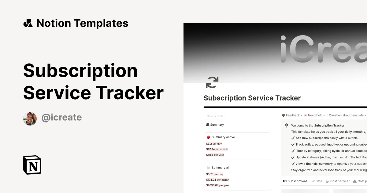 Subscription Service Tracker Template | Notion Marketplace