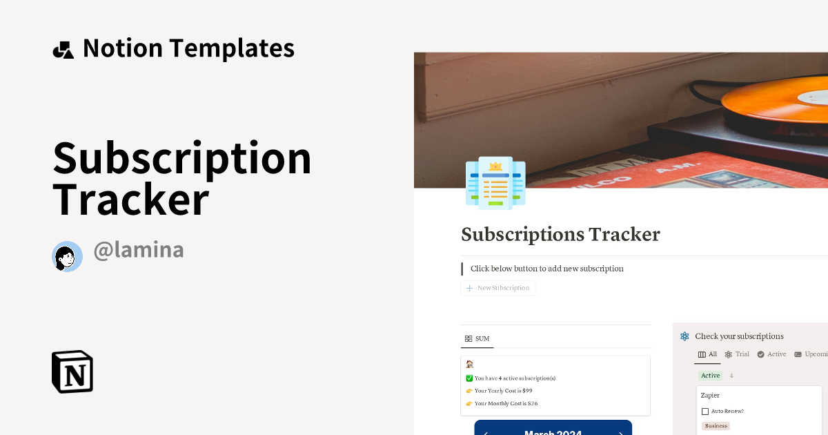 Subscription Tracker Template by Lamina | Notion Marketplace