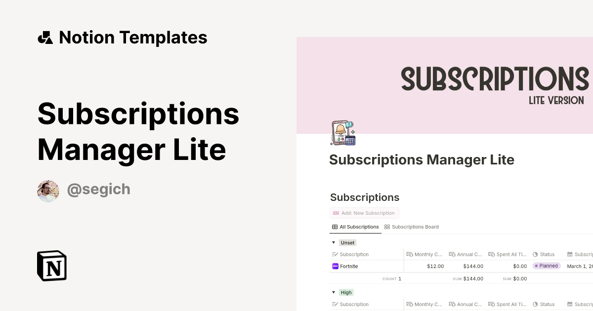Subscriptions Manager Lite Template | Notion Marketplace
