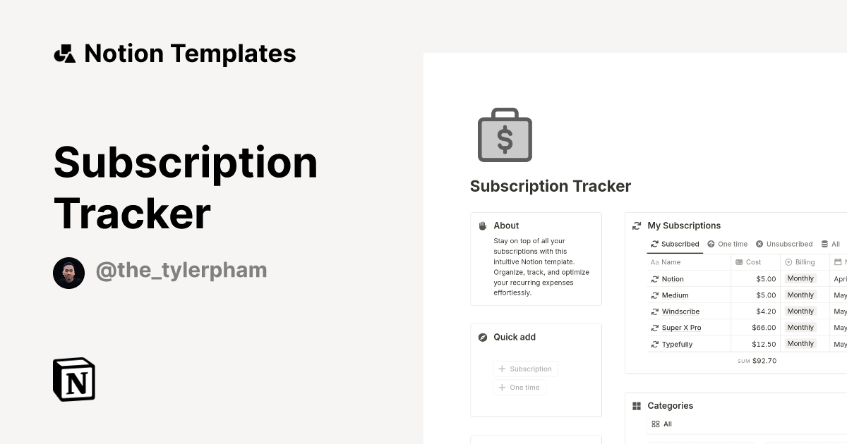 Subscription Tracker Template by Tyler Pham | Notion Marketplace