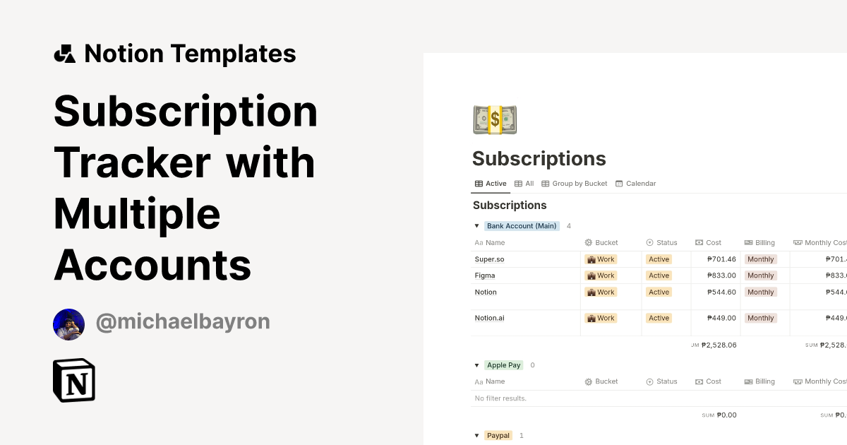 Subscription Tracker with Multiple Accounts Template | Notion Marketplace