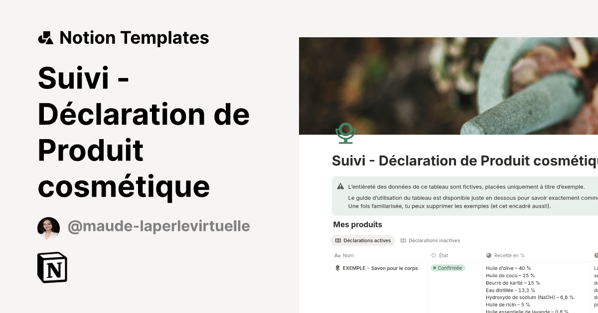 Suivi - Déclaration de Produit cosmétique Template | Notion Marketplace