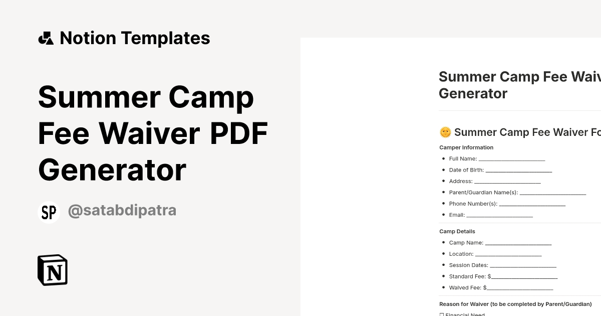 Summer Camp Fee Waiver PDF Generator Template by Satabdi Patra | Notion ...