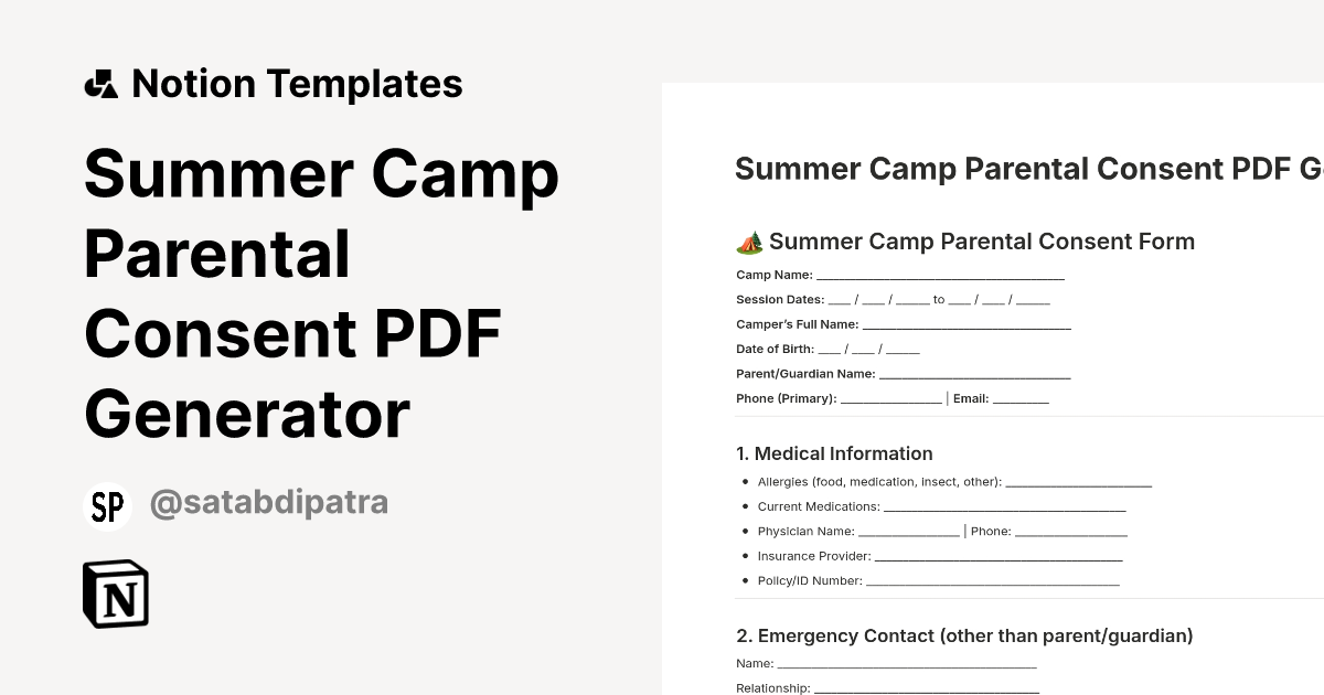 Summer Camp Parental Consent PDF Generator Template by Satabdi Patra | Notion Marketplace