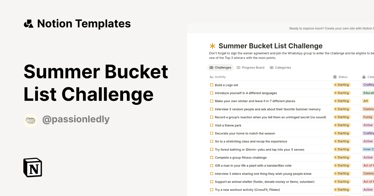 Summer Bucket List Challenge Template | Notion Marketplace