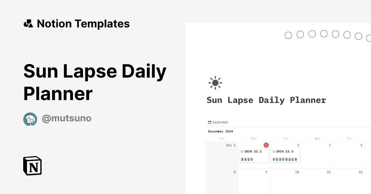 Sun Lapse Daily Planner Template by Mutsuno｜むつの | Notion Marketplace