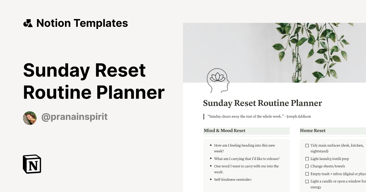 Sunday Reset Routine Planner Template by Pranainspirit | Notion Marketplace
