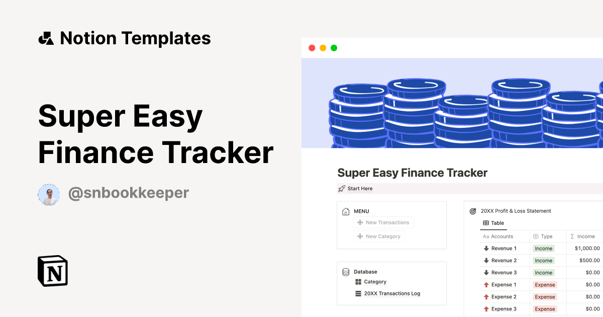 Super Easy Finance Tracker Template by snbookkeeper | Notion Marketplace