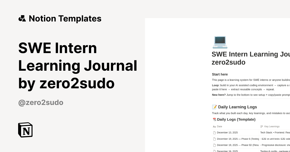 SWE Intern Learning Journal by zero2sudo Template by zero2sudo | Notion ...