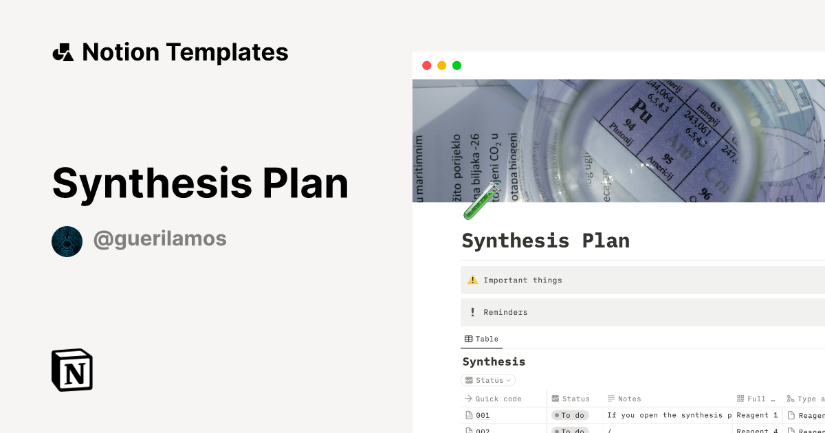 Synthesis Plan Template by Guerilamos | Notion Marketplace