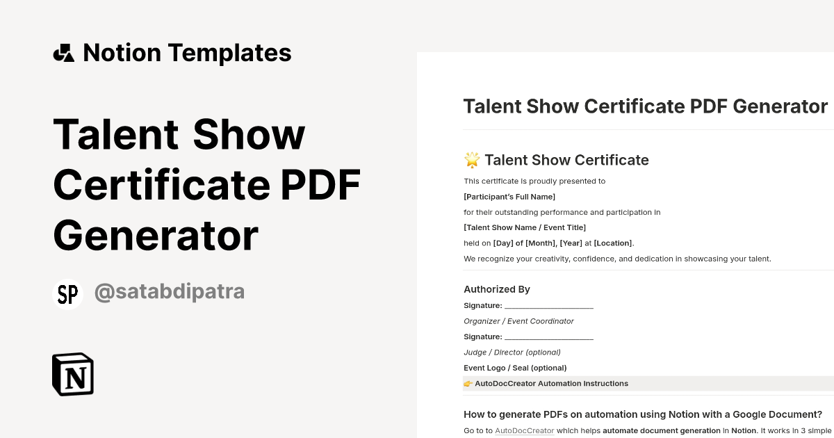 Talent Show Certificate PDF Generator Template | Notion Marketplace