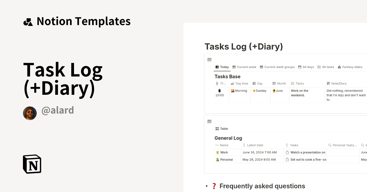 Task Log (+Diary) Template | Notion Marketplace