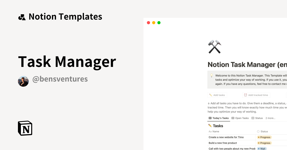 Task Manager Template by Bens Ventures | Notion Marketplace