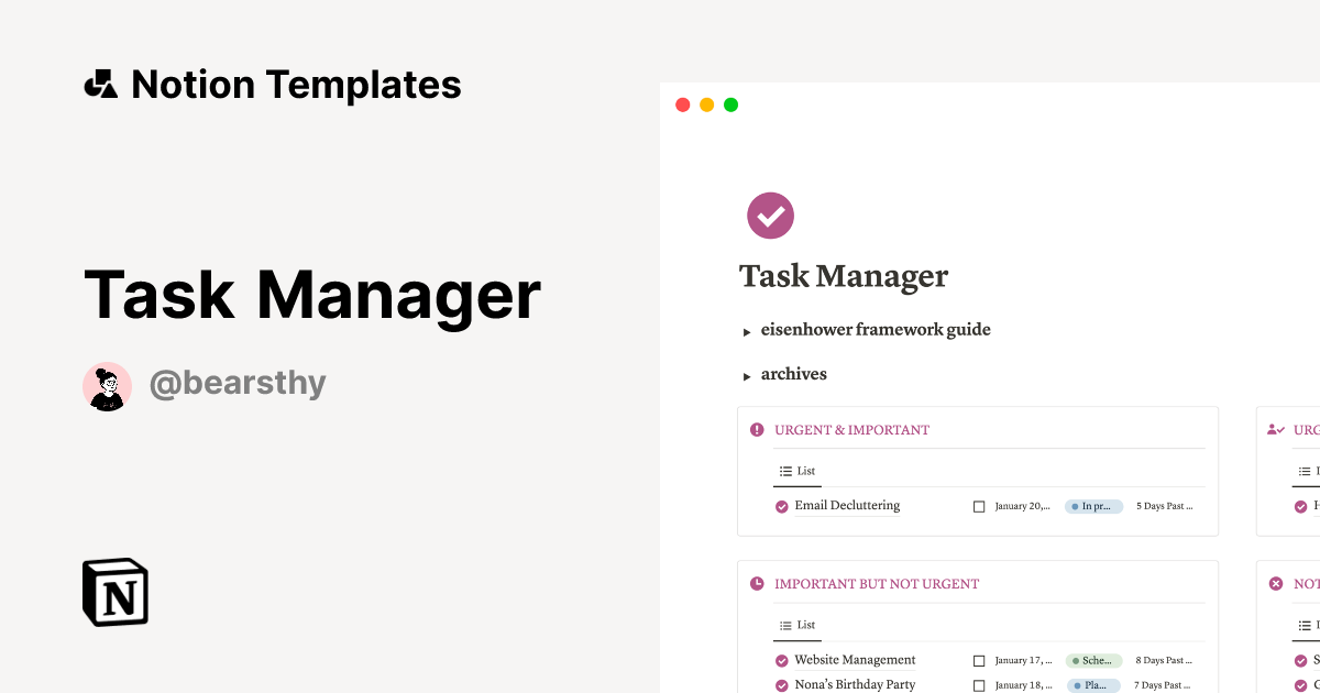 Task Manager Template by Bearsthy | Notion Marketplace