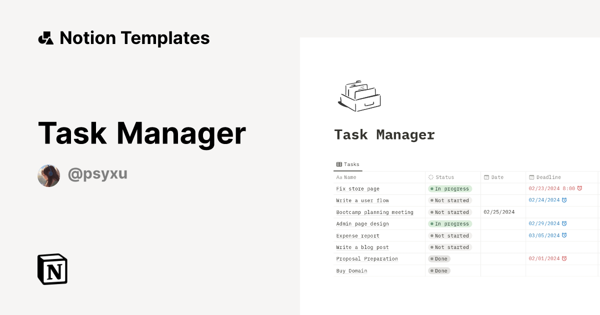 Task Manager Template by PSY XU | Notion Marketplace