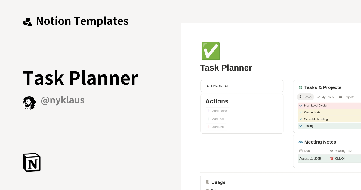 Task Planner Template by Nicolo' Tumino | Notion Marketplace