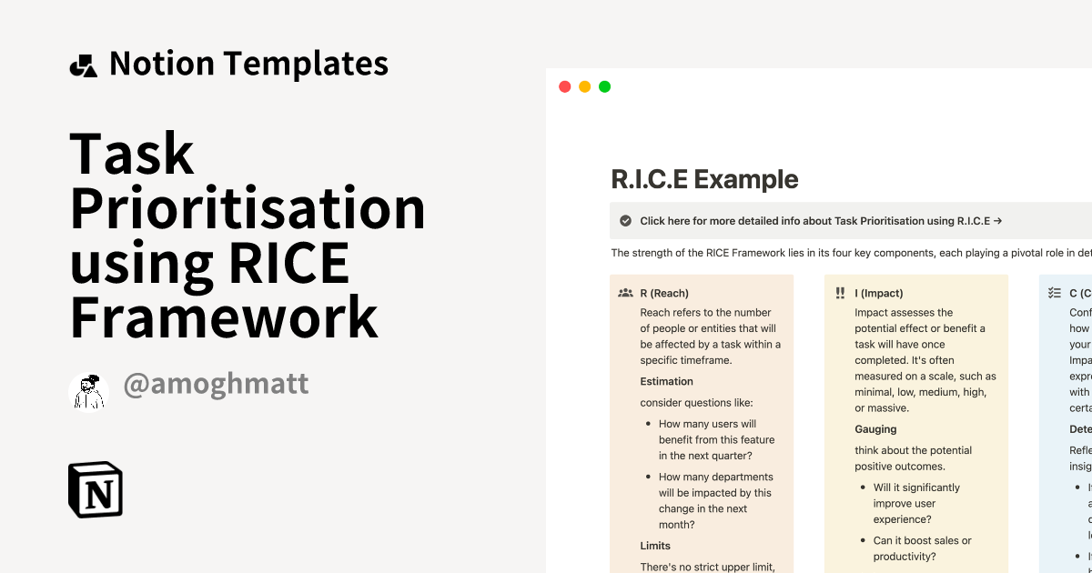 Task Prioritisation Using Rice Framework Template Notion Marketplace